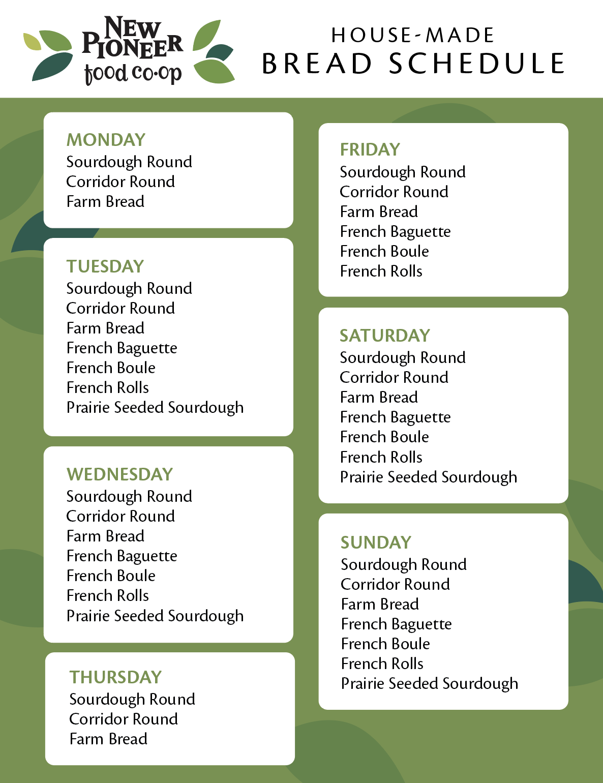 Bread Schedule | New Pioneer Food Co-op